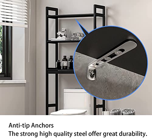 Bonzy Home Over The Toilet Storage Bamboo 3 Tier Bathroom Organizer Space Saver Bathroom Shelf Freestanding Toilet Stands with Hooks, Black