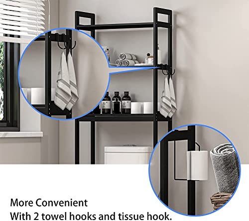Bonzy Home Over The Toilet Storage Bamboo 3 Tier Bathroom Organizer Space Saver Bathroom Shelf Freestanding Toilet Stands with Hooks, Black
