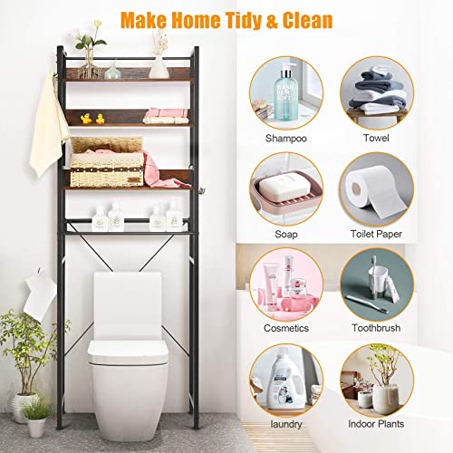 Devo Over The Toilet Storage, 4-Tier Bathroom Organizer, Wooden Bathroom Storage Shelf, with 8 Hooks and Toilet Paper Hook for Laundry, Balcony, Porch, Kitchen (Rustic Brown 2)