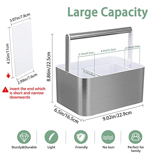 BYUNER Plastic Shower Caddy Basket - Portable Large Bath Storage Organizer Bin Tote with Handle and divider for College Dorm,Cabinet,Bathroom Counter, Brushed Nickel White