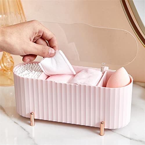 FKOG Pink Qtips Holder, Multi-functional Bathroom Storage Organizer, Detachable 3 Grids Separate Cotton Swabs Dispenser for Cotton Ball Cotton Pads Swabs Ball Floss (Pink)
