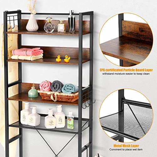 Devo Over The Toilet Storage, 4-Tier Bathroom Organizer, Wooden Bathroom Storage Shelf, with 8 Hooks and Toilet Paper Hook for Laundry, Balcony, Porch, Kitchen (Rustic Brown 2)