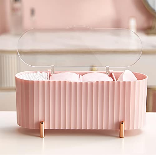 FKOG Pink Qtips Holder, Multi-functional Bathroom Storage Organizer, Detachable 3 Grids Separate Cotton Swabs Dispenser for Cotton Ball Cotton Pads Swabs Ball Floss (Pink)