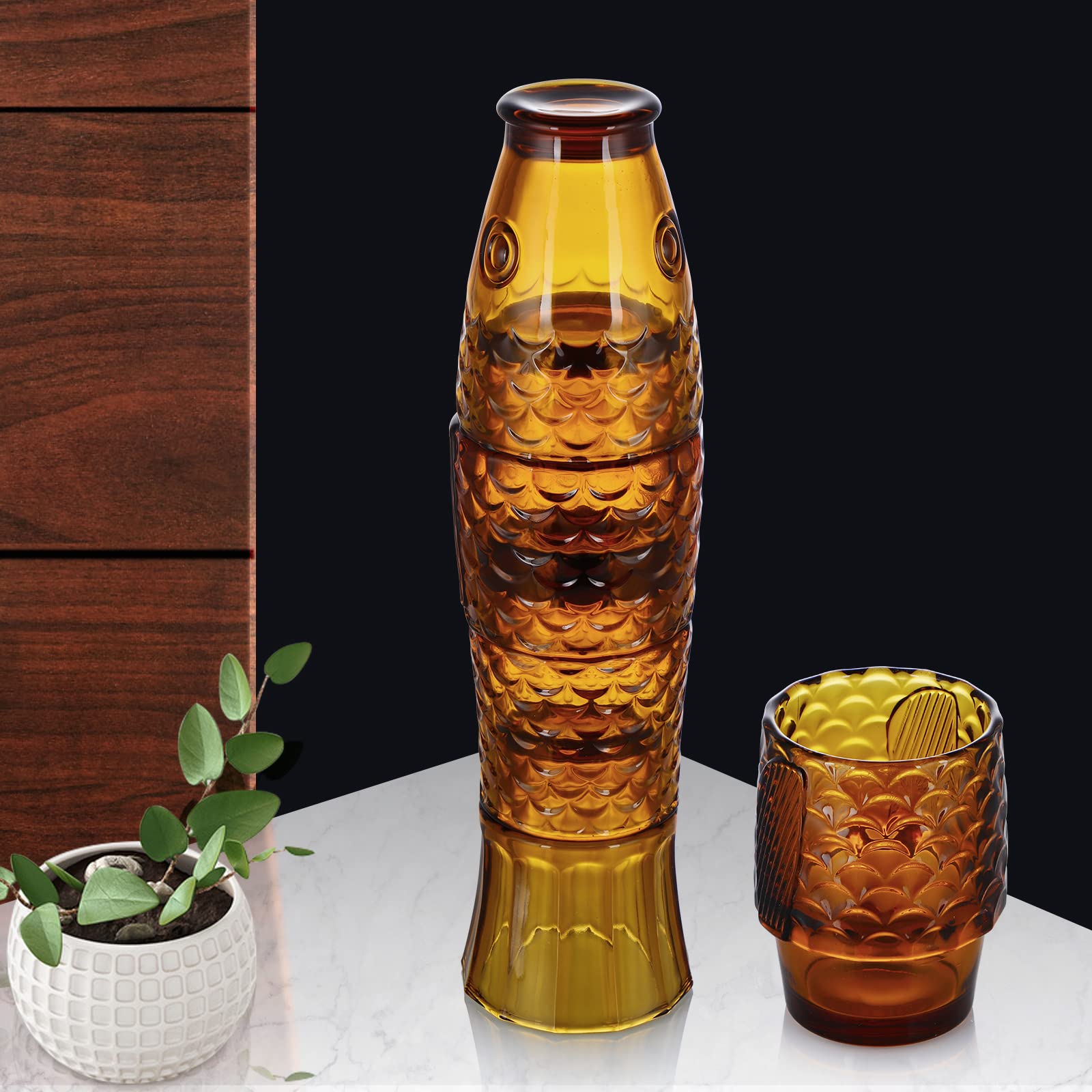 MDLUU Fish Design Tumbler Glasses, Stackable Drinking Glasses, Colored Glass Beverage Cups, Nautical Glassware for Gift, Set of 4 (Amber)