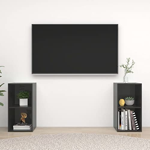 Queen.Y TV Cabinet Set of 2, Wooden Floor Storage Unit, Display Table with 4 Compartments, for Books, Magazines, DVDs, Media Box, High Gloss Grey