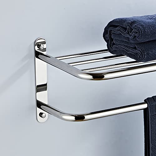 Gecious 25 in Bathroom Towel Rack with Shelf for Wall Polish Chrome Towel Bars and Double Towel Hooks Wall Mount Towel Holder Hotel Style