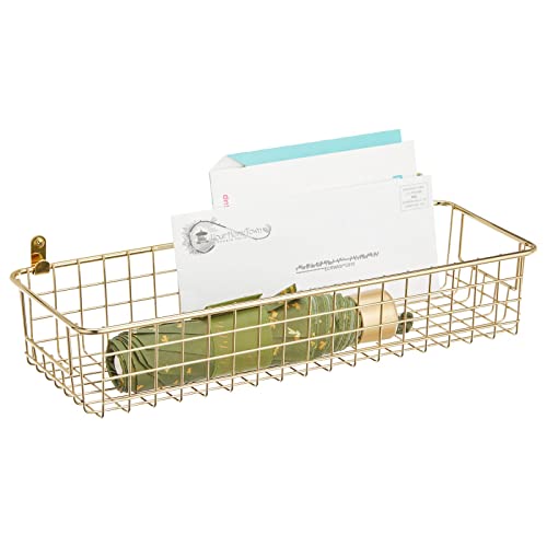 mDesign Wallmount Metal Storage Basket Tray with Handles - Decorative Organizer for Hanging in Entryway, Mudroom, Bedroom, Bathroom, Laundry Room - Small - Hooks Included - Soft Brass