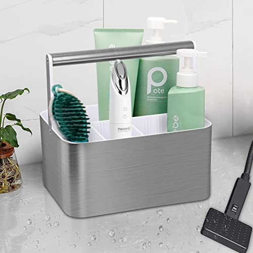 BYUNER Plastic Shower Caddy Basket - Portable Large Bath Storage Organizer Bin Tote with Handle and divider for College Dorm,Cabinet,Bathroom Counter, Brushed Nickel White