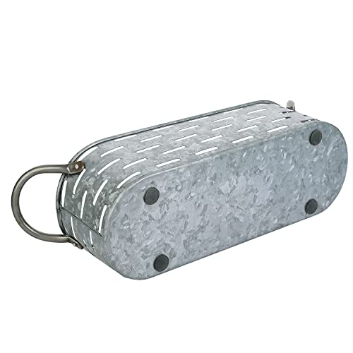 MyGift Rustic Galvanized Metal Storage Basket with Handles, Farmhouse Style Perforated Bathroom Potpourri Holder, Toiletries Organizer Bin - Handcrafted in India