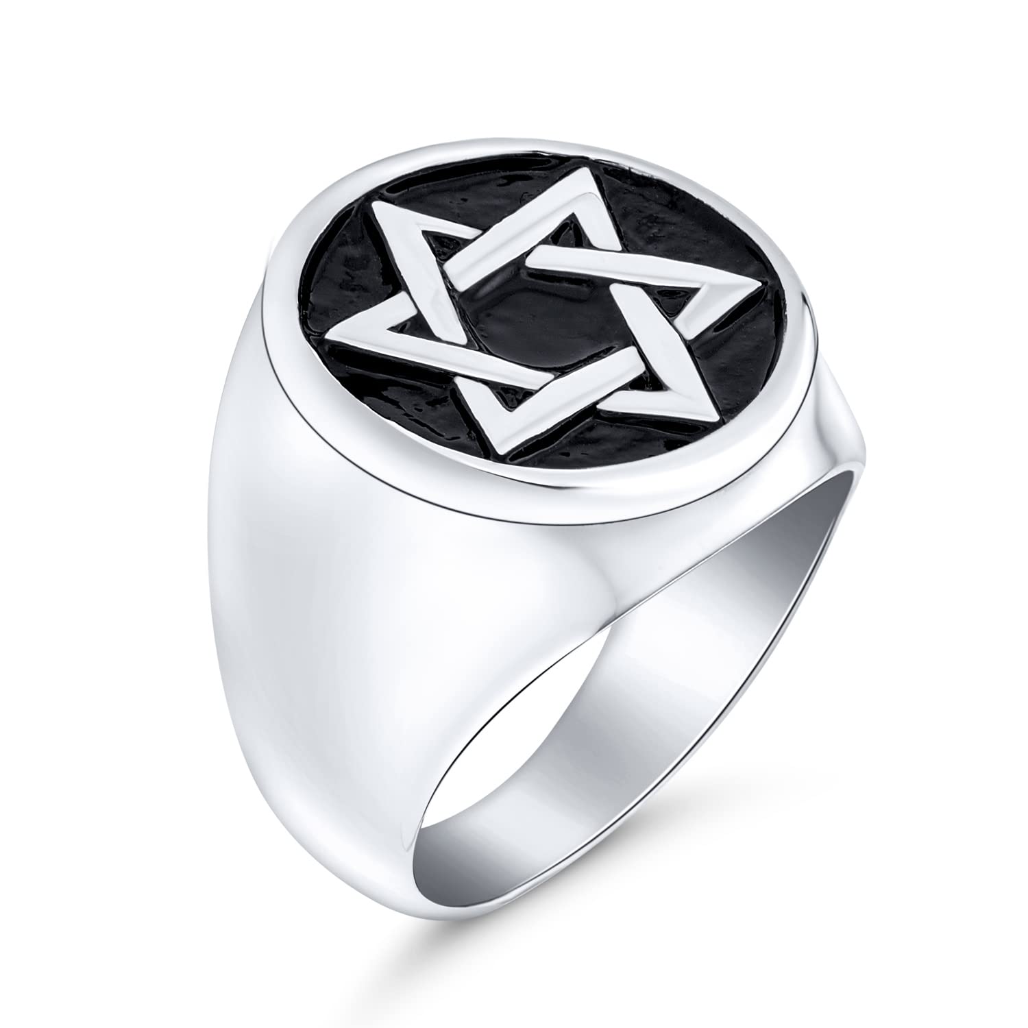 Bling Jewelry Personalize Large Statement Religious Magen Judaic Hanukkah Star of David Bar Mitzvah Round Signet Band Ring for Men Enamel Silver Tone Stainless Steel Custom Engraved