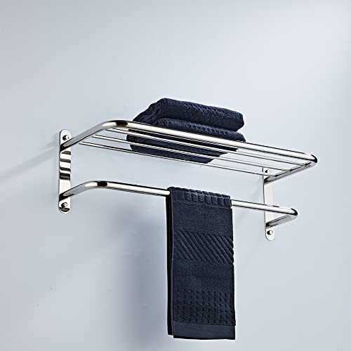 Gecious 25 in Bathroom Towel Rack with Shelf for Wall Polish Chrome Towel Bars and Double Towel Hooks Wall Mount Towel Holder Hotel Style