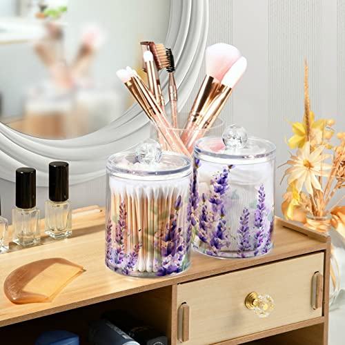 ALAZA Purple Qtip Holder Dispenser 2 Pack Containers for Cotton and Qtips Lavender Cotton Swab Cotton Ball Round Pads Clear Plastic Acrylic Jar Set Bathroom Canister