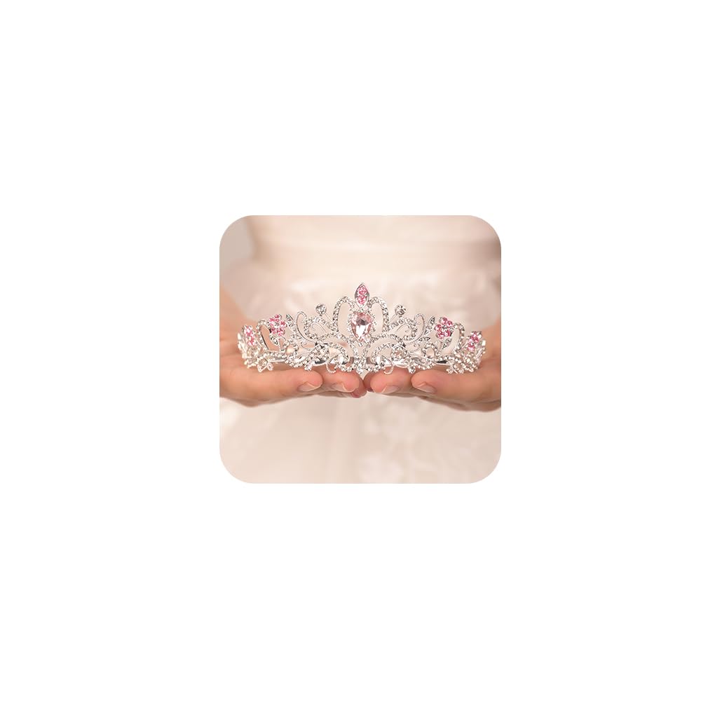 JWICOS Silver Rhinestone Tiara and Crown for Women Elegant Pink Crystal Crown with Combs Princess Birthday Crown for Brides Bridal Wedding Prom Birthday Party Hair Accessories (Pink)