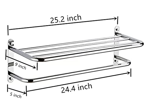 Gecious 25 in Bathroom Towel Rack with Shelf for Wall Polish Chrome Towel Bars and Double Towel Hooks Wall Mount Towel Holder Hotel Style