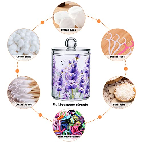 ALAZA Purple Qtip Holder Dispenser 2 Pack Containers for Cotton and Qtips Lavender Cotton Swab Cotton Ball Round Pads Clear Plastic Acrylic Jar Set Bathroom Canister