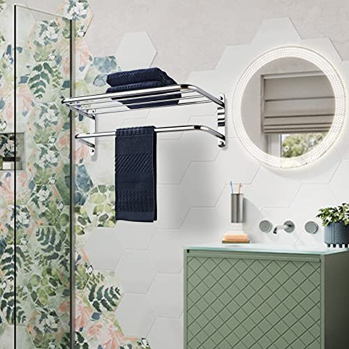 Gecious 25 in Bathroom Towel Rack with Shelf for Wall Polish Chrome Towel Bars and Double Towel Hooks Wall Mount Towel Holder Hotel Style