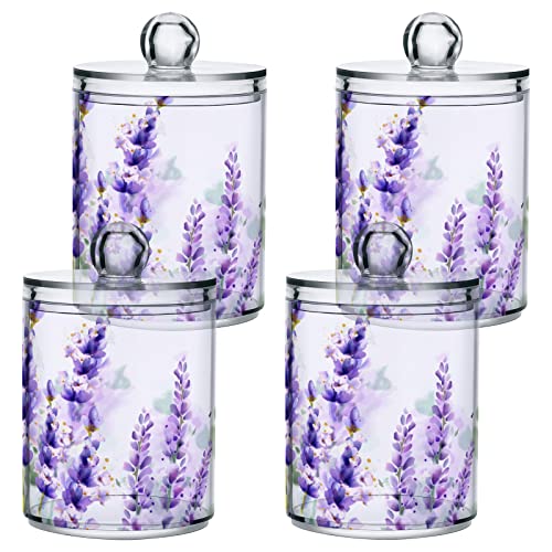 ALAZA Purple Qtip Holder Dispenser 2 Pack Containers for Cotton and Qtips Lavender Cotton Swab Cotton Ball Round Pads Clear Plastic Acrylic Jar Set Bathroom Canister