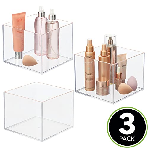 mDesign Makeup Organizer for Bathroom, Bedroom and Vanity Countertops, and Drawers; Storage Bins for Cosmetics, Brushes, Eyeshadow Palettes, Lipstick, Blush - Square - 3 Pack, Clear/Rose Gold
