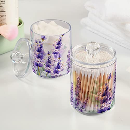 ALAZA Purple Qtip Holder Dispenser 2 Pack Containers for Cotton and Qtips Lavender Cotton Swab Cotton Ball Round Pads Clear Plastic Acrylic Jar Set Bathroom Canister