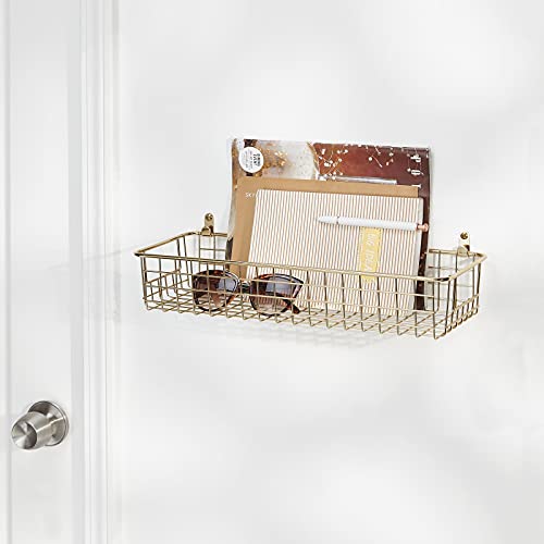 mDesign Wallmount Metal Storage Basket Tray with Handles - Decorative Organizer for Hanging in Entryway, Mudroom, Bedroom, Bathroom, Laundry Room - Small - Hooks Included - Soft Brass