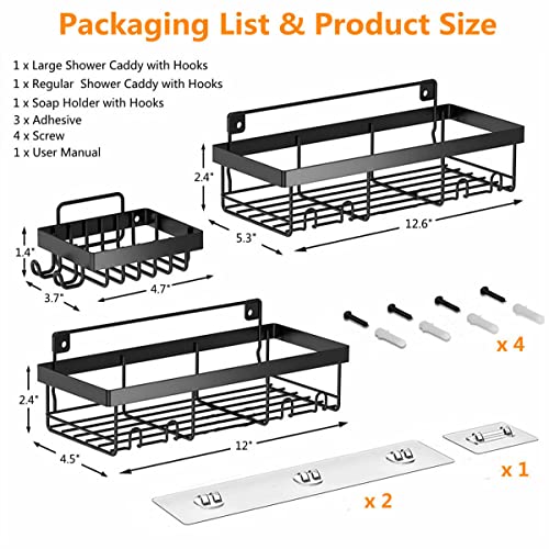 Preziouz 3 Pack Bathroom Organizer with Hooks, Self Adhesive Black Shower Caddy, No Drilling & Stainless Steel, Wall Mounted Shower Shelves for Shampoo and Soap Storage