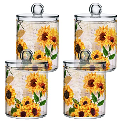 DOMIKING 4 Pack Acrylic Organizer for Cotton Ball Floss Picks Hair Clips Watercolor Vintage Sunflowers Clear Plastic Vanity Canister Cotton Ball Holder Dispenser Bathroom Storage Essentials
