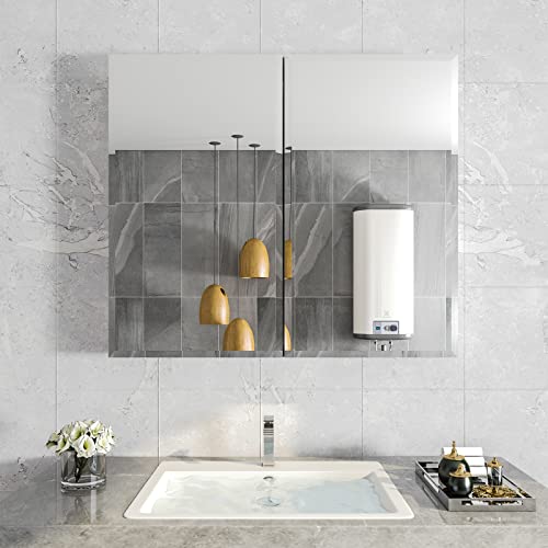 AOOCOW Bathroom Medicine Cabinet with Mirror Double Doors, 30"×26" Aluminum Bathroom Medicine Cabinet with Adjustable Glass Shelves, Bathroom Medicine Cabinet with Storage Recess or Surface Mount