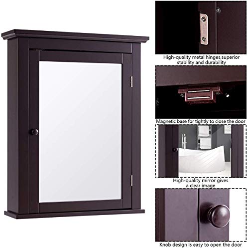 Casart Bathroom Mirrored Wall-Mounted Cabinet, Multipurpose Storage Medicine Cabinet with Single Door & Adjustable Shelf for Bathroom and Bedroom