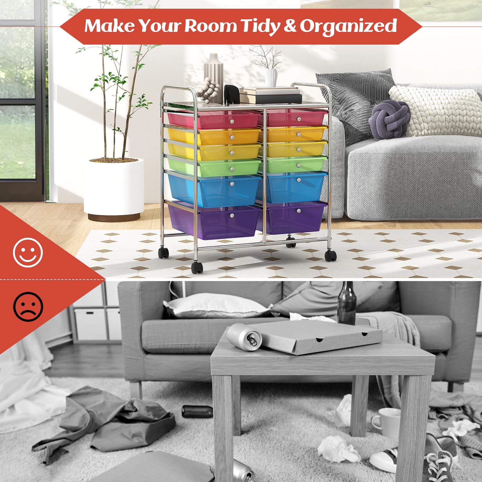 12 Drawers Rolling Storage Cart, Multipurpose Storage Organizer Cart with Lockable Casters, Mobile Utility Cart for Garage Office Home Kitchen (Rainbow+Clear)