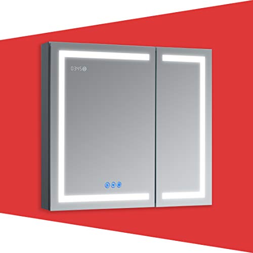 DECADOM LED Mirror Medicine Cabinet Recessed or Surface, Defogger, Dimmer, Clock, Room Temp Display, Makeup Mirror 3X, Outlets & USBs (RUBiNi 36x32)
