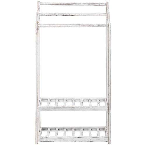 MyGift 3 Tier Farmhouse Whitewashed Solid Wood Bathroom Towel Rack, Freestanding Bath Towel Drying Holder Stand with 2 Slatted Bottom Storage Organizer Shelf