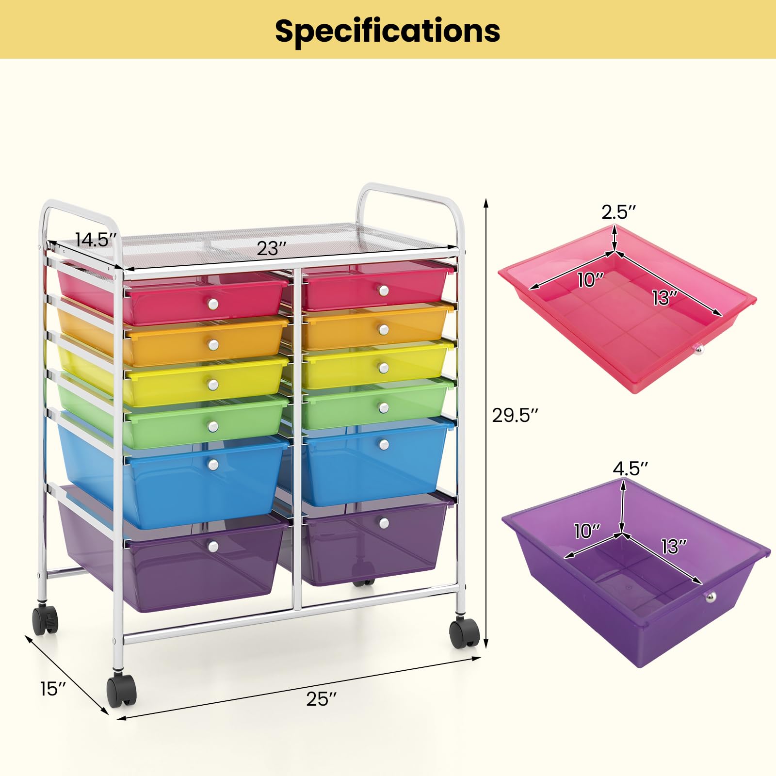 12 Drawers Rolling Storage Cart, Multipurpose Storage Organizer Cart with Lockable Casters, Mobile Utility Cart for Garage Office Home Kitchen (Rainbow+Clear)