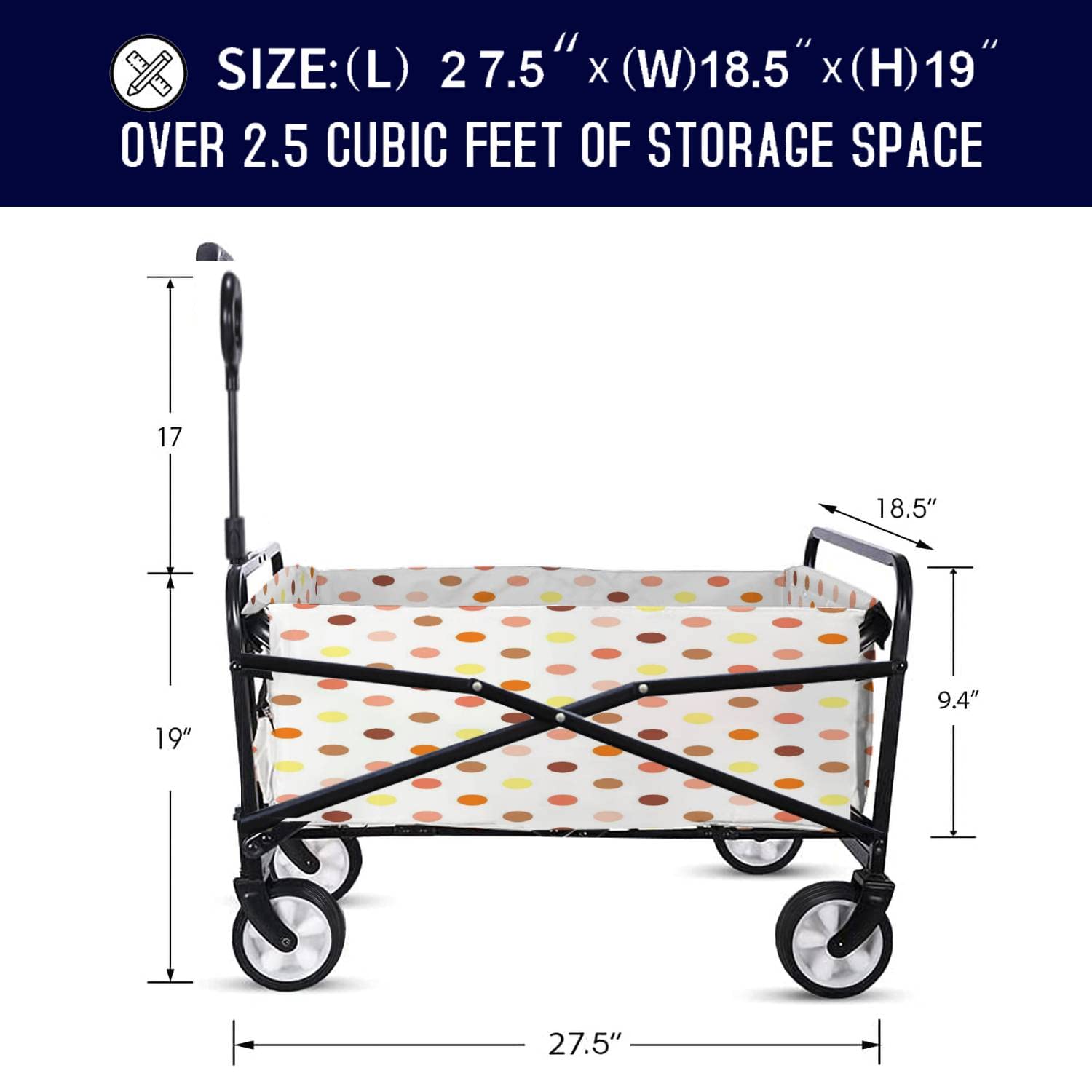Collapsible Wagon Cart Tile Polka dots on White Foldable Utility Wagon Large Capacity Garden Cart with Push Bar for Beach Camp Outdoor Shopping