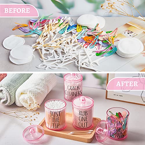 4 Pack Qtip Holder Dispenser with Lids and Labels - 10 oz Apothecary Jars Bathroom Vanity Canister Organizer for Cotton Balls, Pads, Swabs, Floss (Pink)