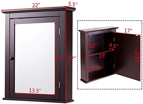 Casart Bathroom Mirrored Wall-Mounted Cabinet, Multipurpose Storage Medicine Cabinet with Single Door & Adjustable Shelf for Bathroom and Bedroom