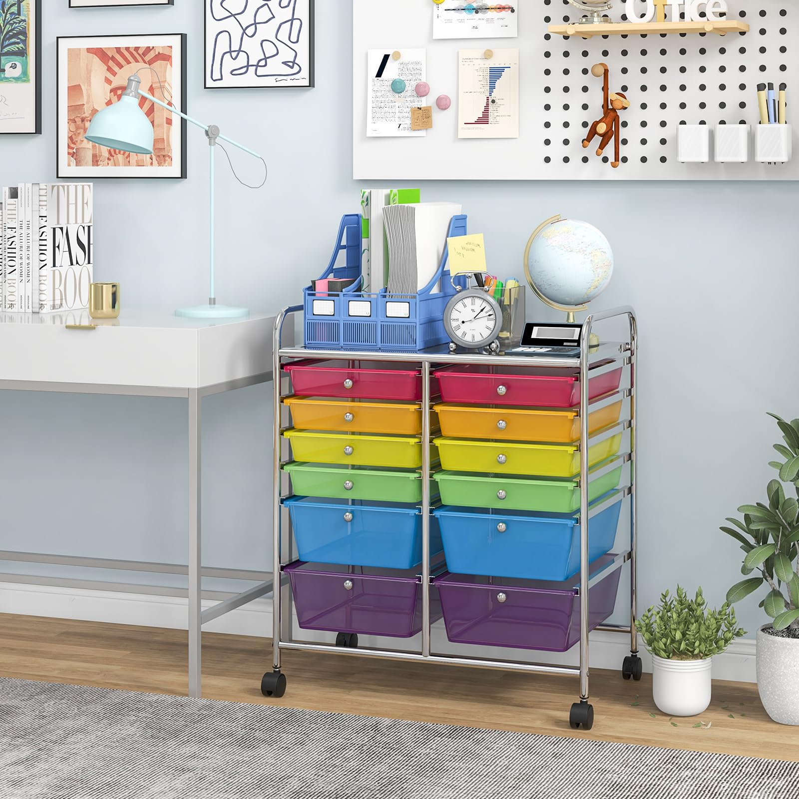 12 Drawers Rolling Storage Cart, Multipurpose Storage Organizer Cart with Lockable Casters, Mobile Utility Cart for Garage Office Home Kitchen (Rainbow+Clear)
