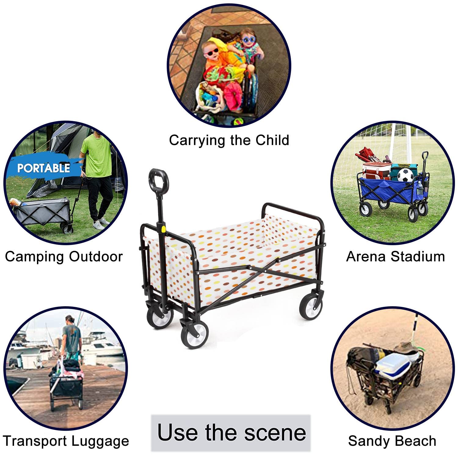 Collapsible Wagon Cart Tile Polka dots on White Foldable Utility Wagon Large Capacity Garden Cart with Push Bar for Beach Camp Outdoor Shopping