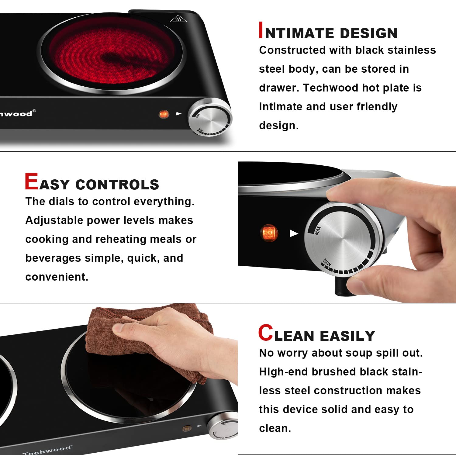 Hot Plate, Techwood 1800W Dual Electric Stove, Countertop Stove Double Burner for Cooking, Infrared Ceramic Hot Plates Double Cooktop, Brushed Stainless Steel Easy to Clean Upgraded Version, Black