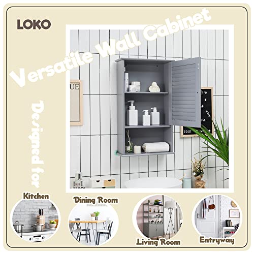 LOKO Bathroom Wall Cabinet, Bathroom Cabinet Wall Mounted with Single Shutter Door and Adjustable Shelf, Small Medicine Cabinet for Living Room, Kitchen or Entryway, 16.5 x 6.5 x 27.5 inches (Grey)
