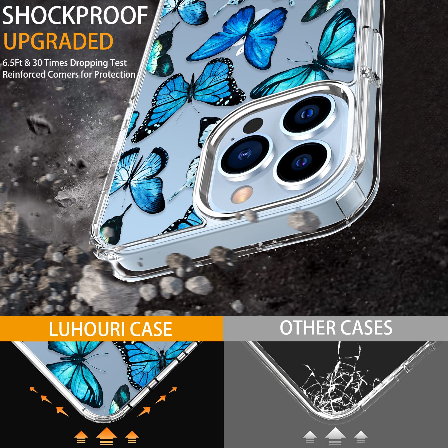 LUHOURI Designed for iPhone 13 Pro Max Case with Screen Protector - Crystal Acrylic Clear for Women and Girls - Slim Fit Protective Phone Cover 6.7" - Floral Blue Butterflies