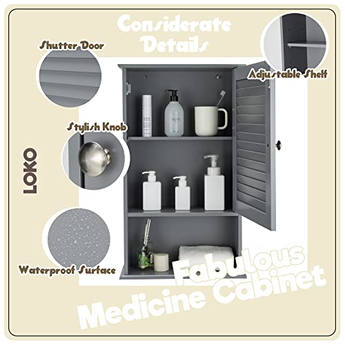 LOKO Bathroom Wall Cabinet, Bathroom Cabinet Wall Mounted with Single Shutter Door and Adjustable Shelf, Small Medicine Cabinet for Living Room, Kitchen or Entryway, 16.5 x 6.5 x 27.5 inches (Grey)