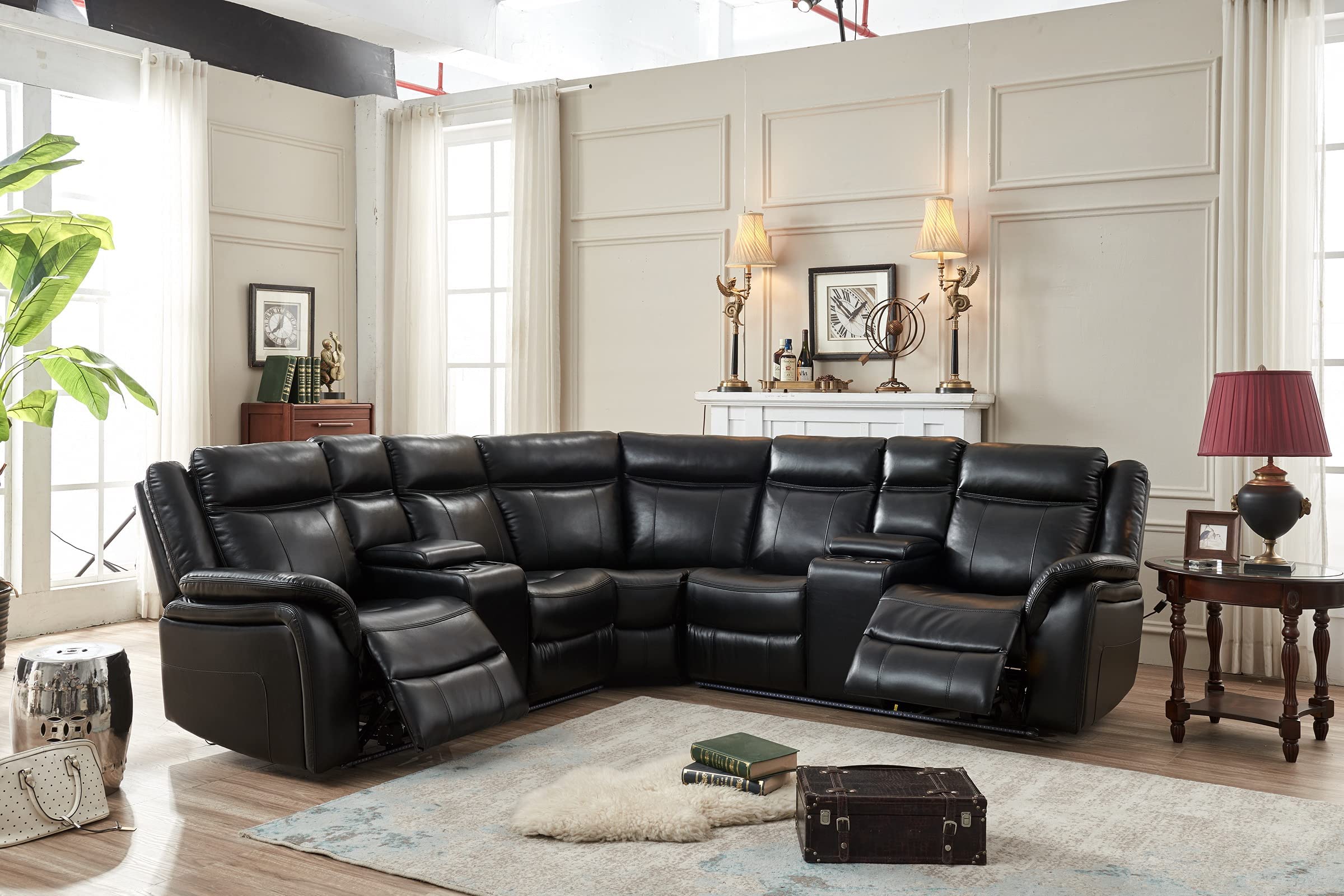 Power Reclining Sectional Sofa Set Faux Leather Recliner Couch with LED Lights/USB Port/Console Storage/Cup Holders Home Theater Sectional Sofa