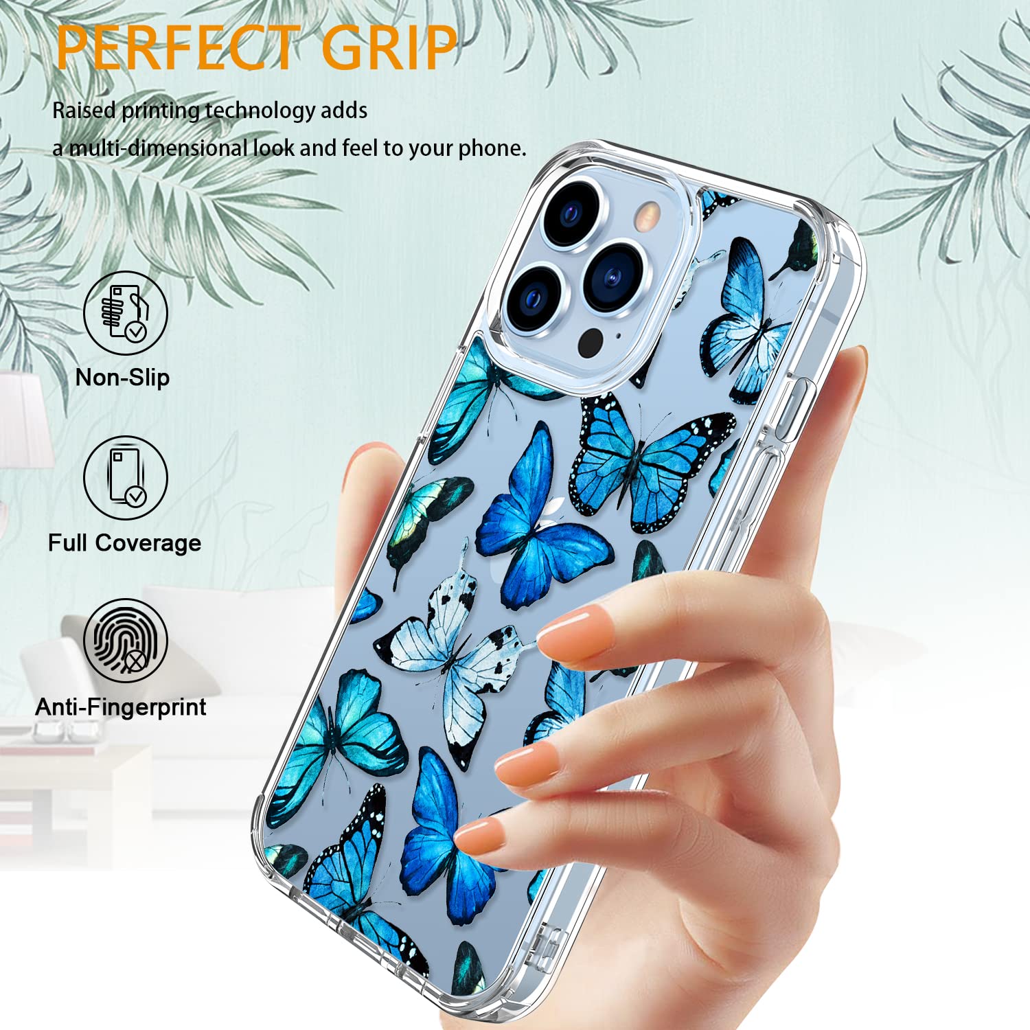 LUHOURI Designed for iPhone 13 Pro Max Case with Screen Protector - Crystal Acrylic Clear for Women and Girls - Slim Fit Protective Phone Cover 6.7" - Floral Blue Butterflies