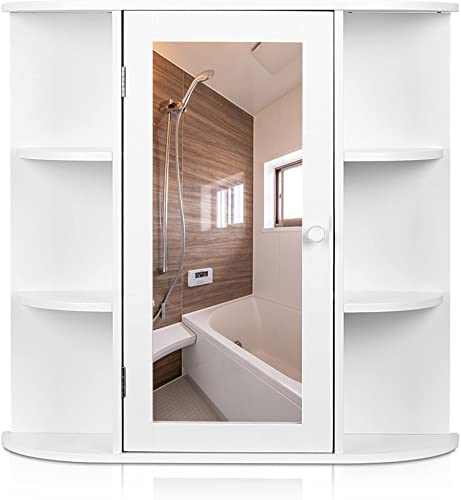 SOMY Medicine Cabinet with Mirror Door, Wood Wall Cabinet with 6 Tier Open