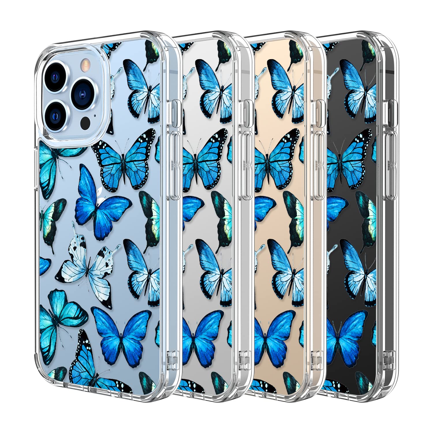 LUHOURI Designed for iPhone 13 Pro Max Case with Screen Protector - Crystal Acrylic Clear for Women and Girls - Slim Fit Protective Phone Cover 6.7" - Floral Blue Butterflies