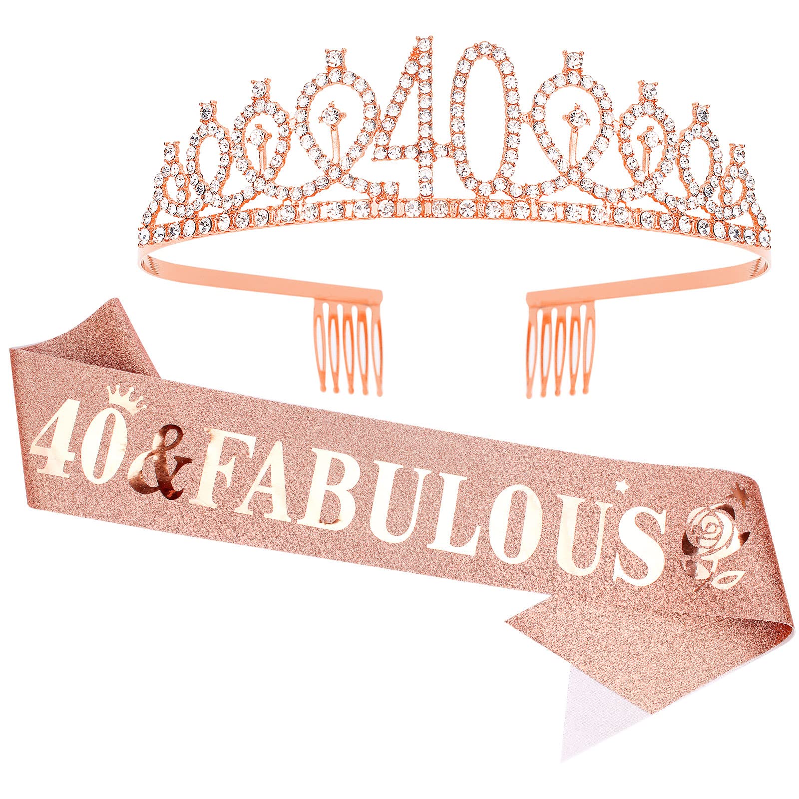 Casoty 40 & Fabulous Hairband and Tiara Set, Rose Gold, for Women's 40th Birthday Decorations, Gifts for Women, Party Decorations