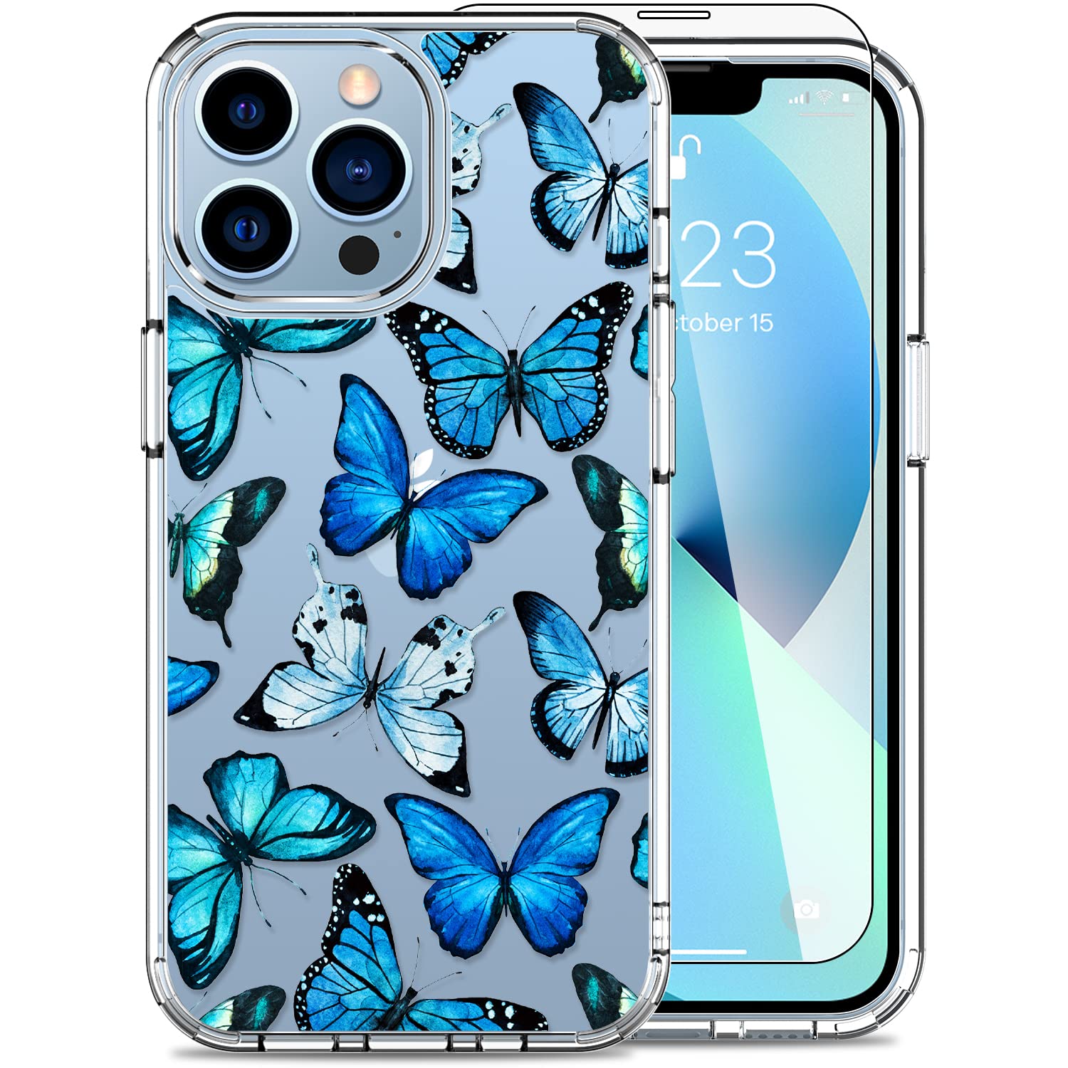 LUHOURI Designed for iPhone 13 Pro Max Case with Screen Protector - Crystal Acrylic Clear for Women and Girls - Slim Fit Protective Phone Cover 6.7" - Floral Blue Butterflies