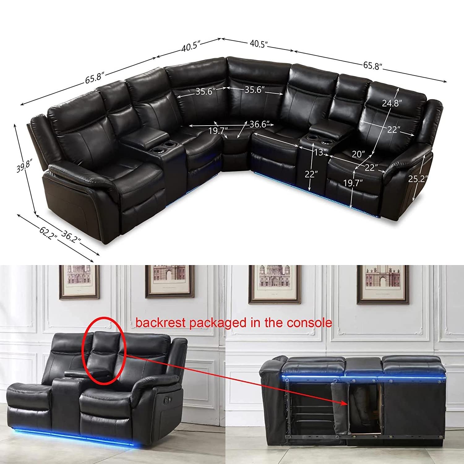 Power Reclining Sectional Sofa Set Faux Leather Recliner Couch with LED Lights/USB Port/Console Storage/Cup Holders Home Theater Sectional Sofa