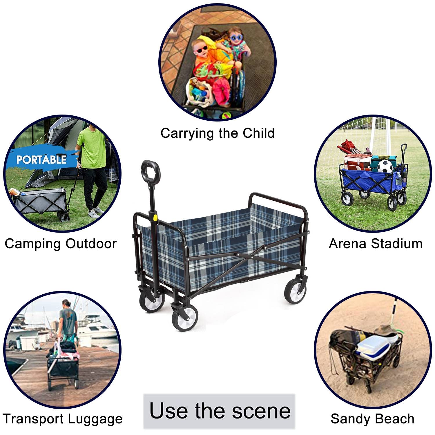 Collapsible Wagon Cart Plaid Texture in Blue and White Striped Seamless Check Plaid Graphic Foldable Utility Wagon Large Capacity Garden Cart with Push Bar for Beach Camp Outdoor Shopping
