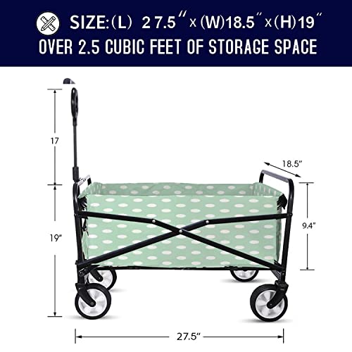 Collapsible Wagon Cart Seamless White Polka dots Mint Foldable Utility Wagon Large Capacity Garden Cart with Push Bar for Beach Camp Outdoor Shopping